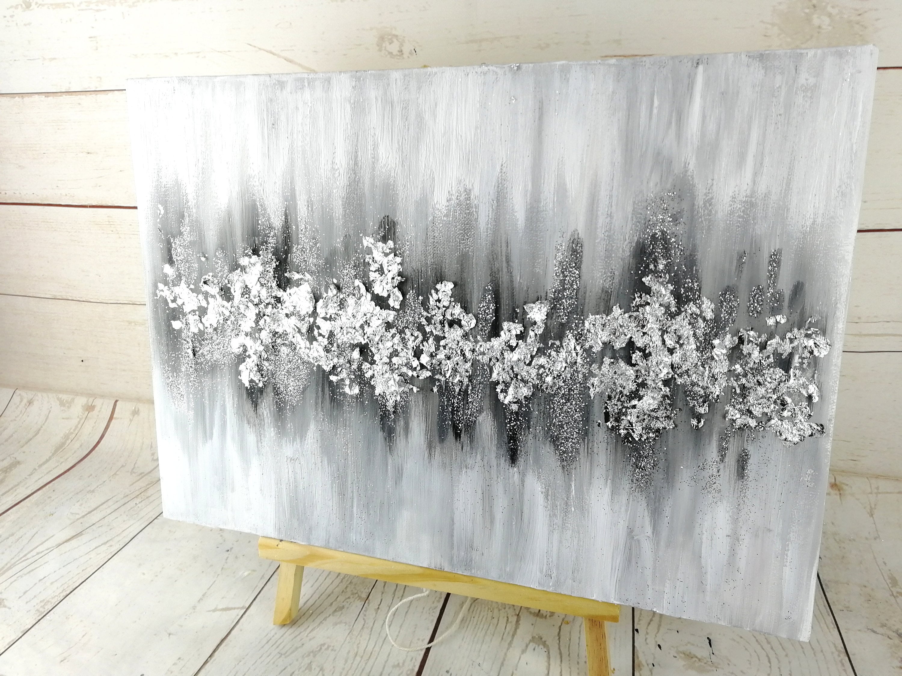 Silver Abstract Pictures, Bling Art, Silver Leaf Canvas. Glitter Art ...