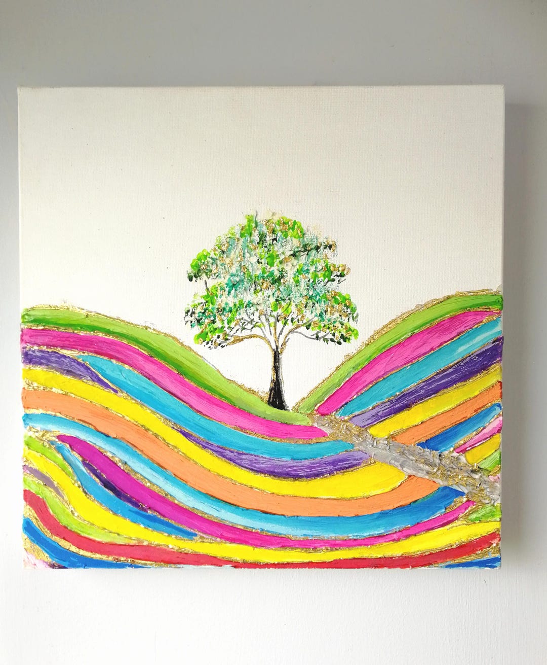 Rainbow Coloured Sycamore Gap Tree Painting, Chunky Canvas Gold Picture ...