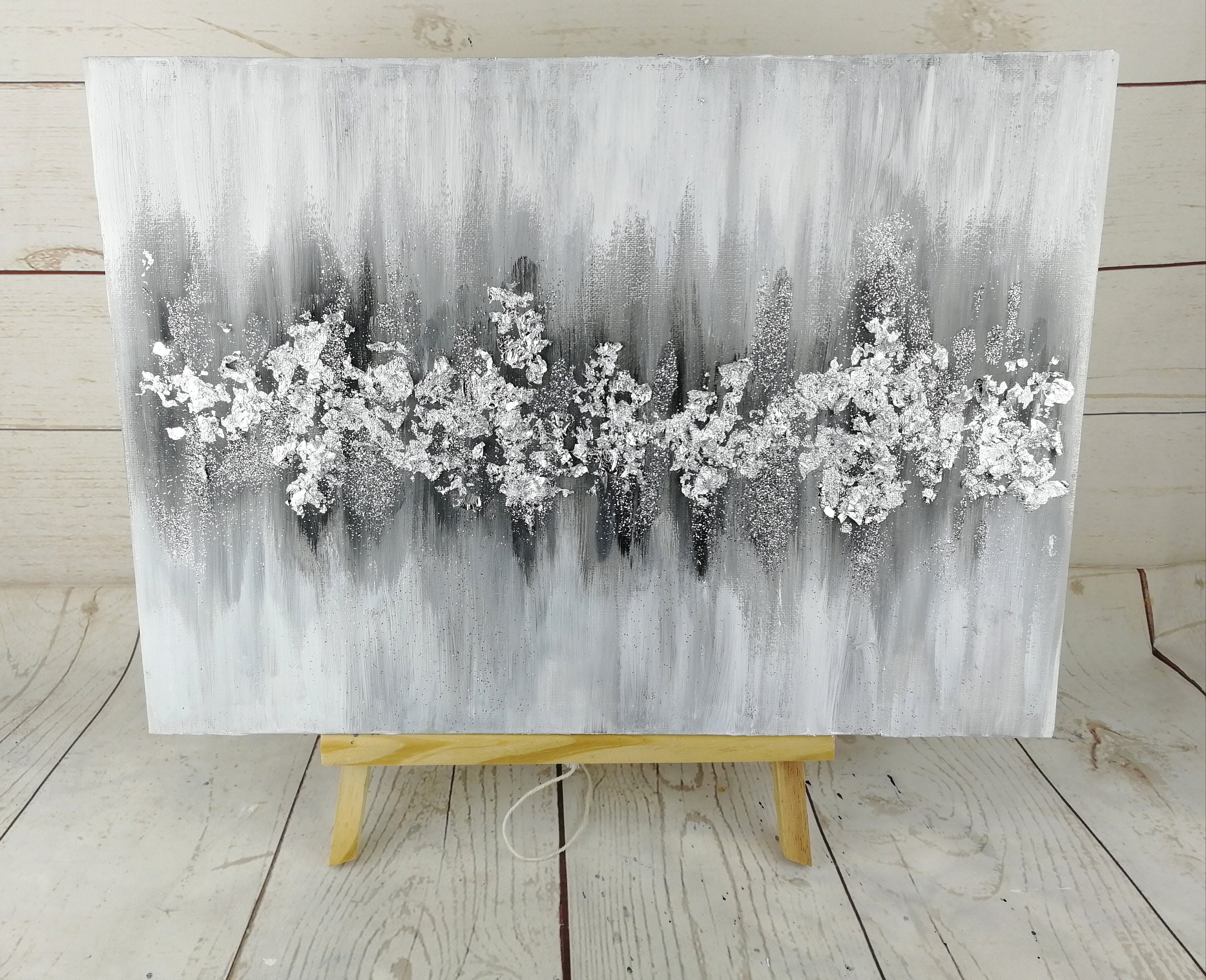 Silver Abstract Pictures, Bling Art, Silver Leaf Canvas. Glitter Art ...