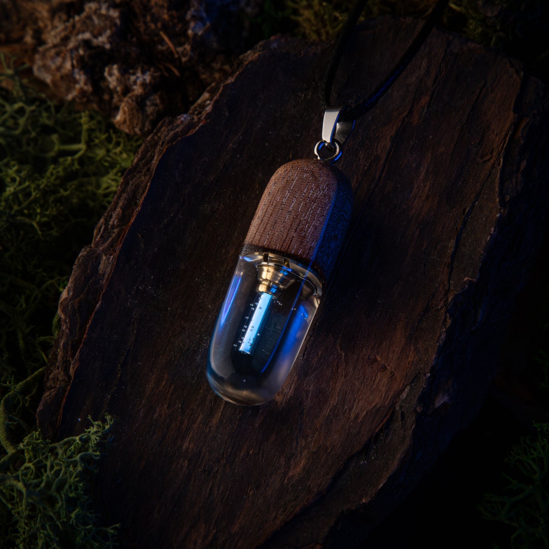 Self-luminous Vial Inside Wood and Resin Pendant Keychain. Custom ...