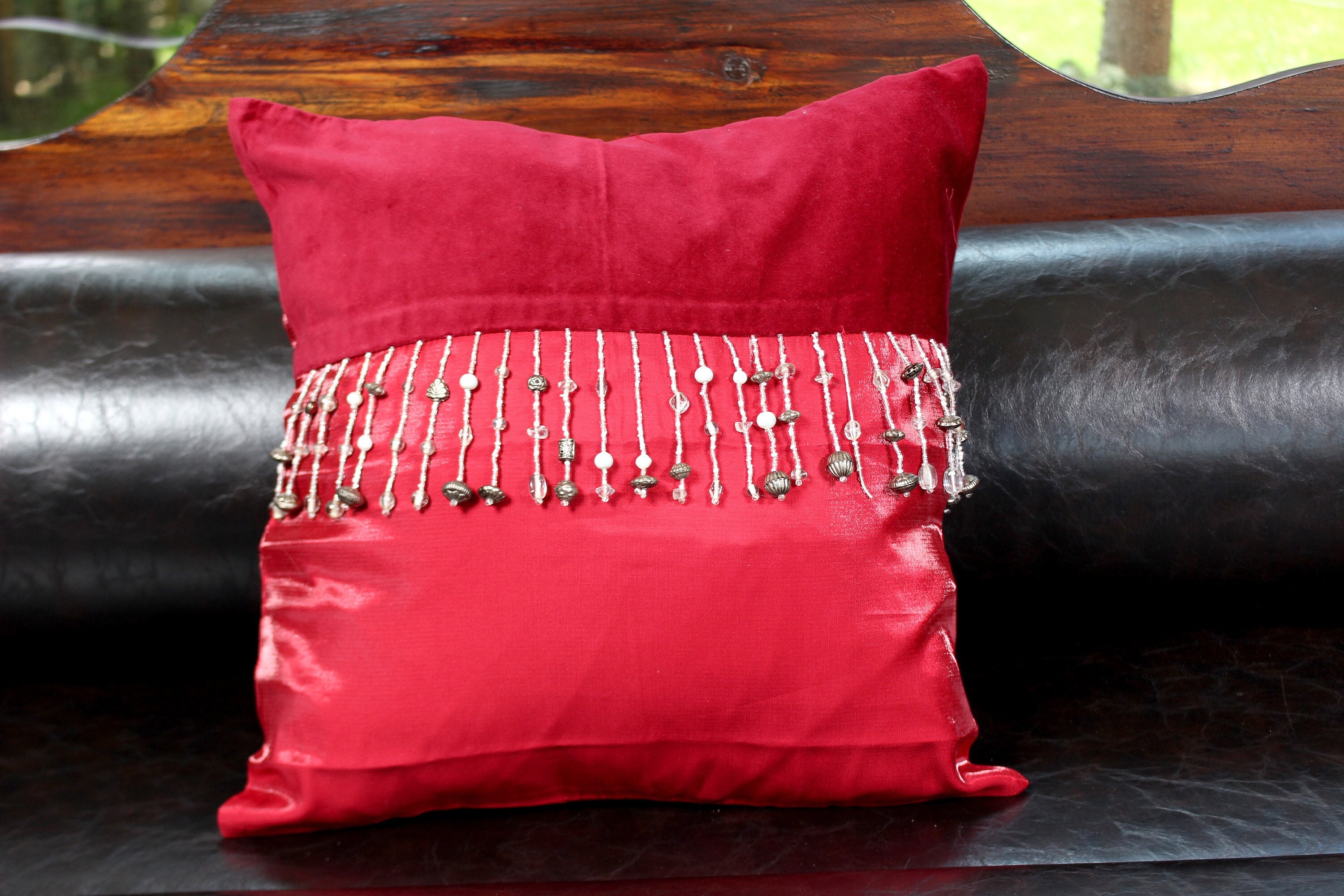Red Embroidered and Beaded Pillow Cover, Handmade Pillowcase, Hand ...