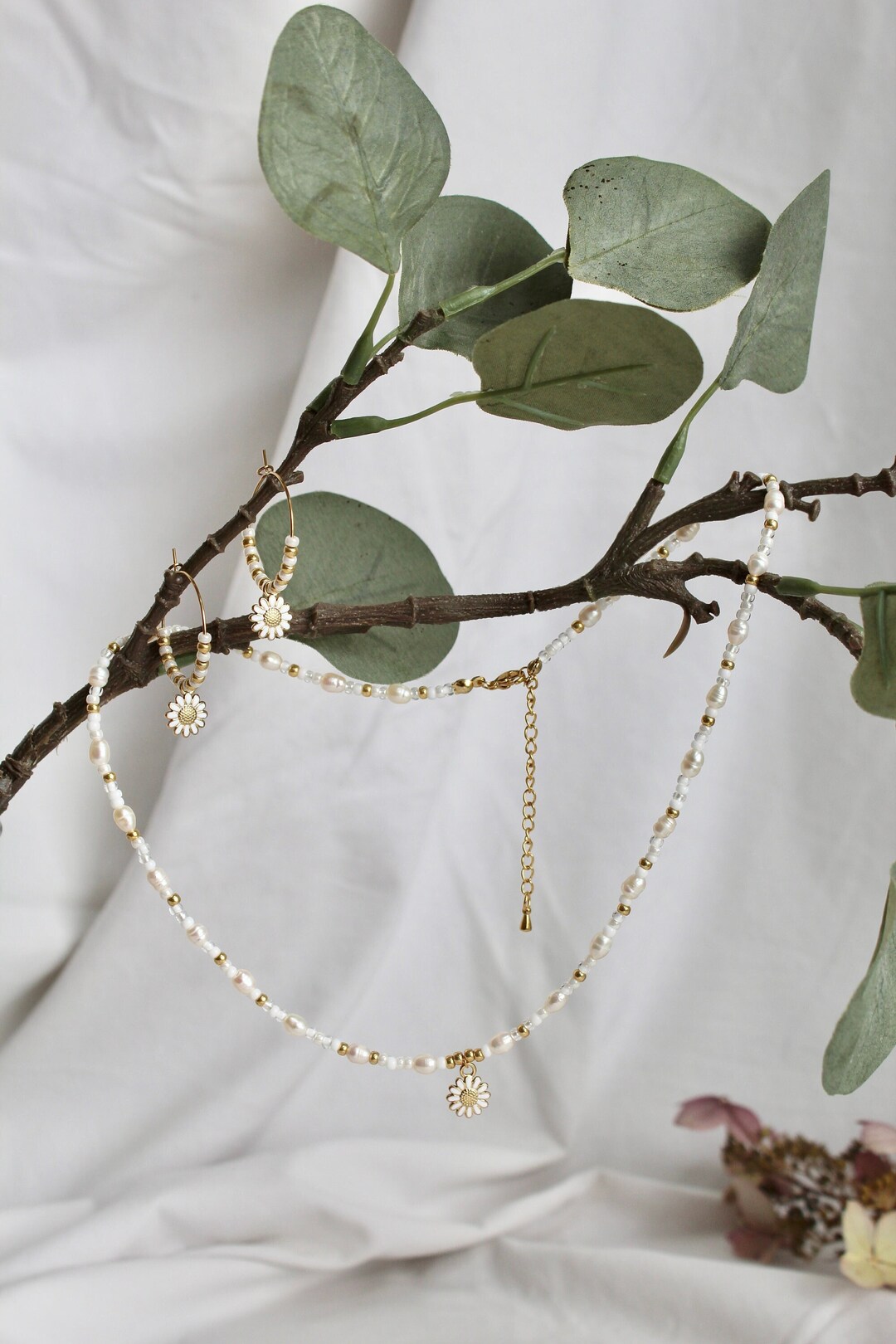 Unique Jewelry Set With a Pearl Necklace and Hoop Earrings With Daisy ...