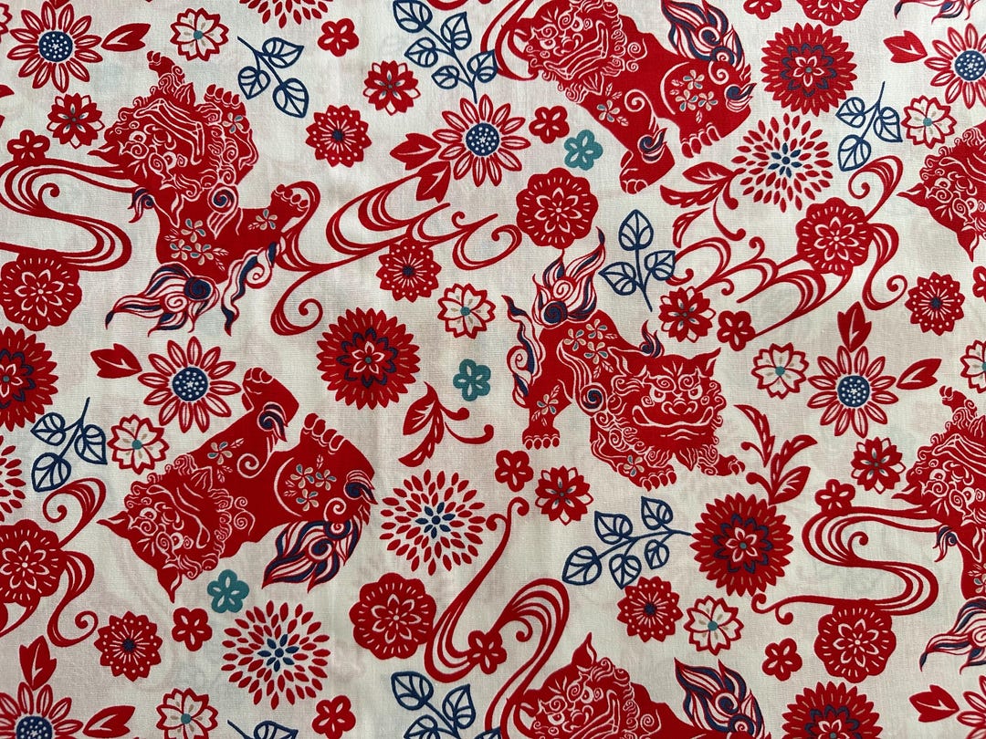 Okinawa Bingata Fabric: Shisa White/red - Half Yard - Cotton 100 ...