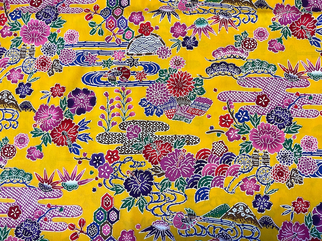 Okinawa Bingata Fabric Hibiscus & Mountain: Yellow - Half Yard - Cotton ...
