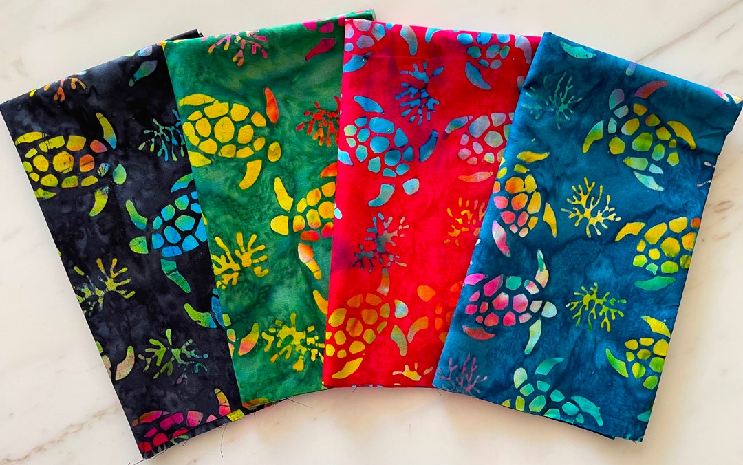 4 SEA TURTLE HONU - Batik Fat Quarter - Black, Green, Red, Turquoise ...