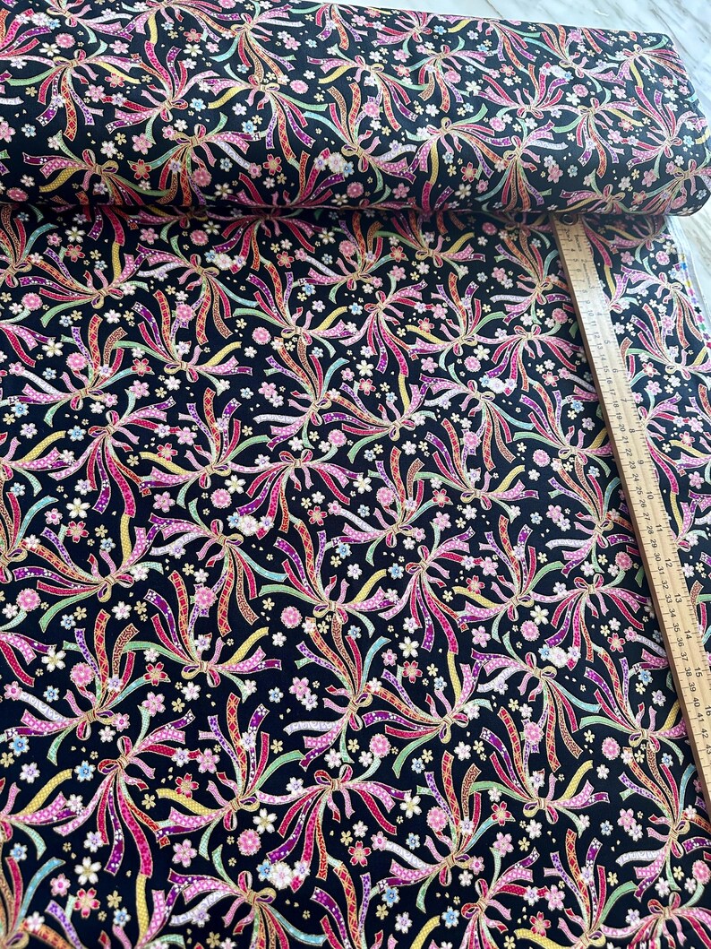 Ribbon “noshi” & Flowers - Black/gold - Japanese Fabric - HALF YARD ...