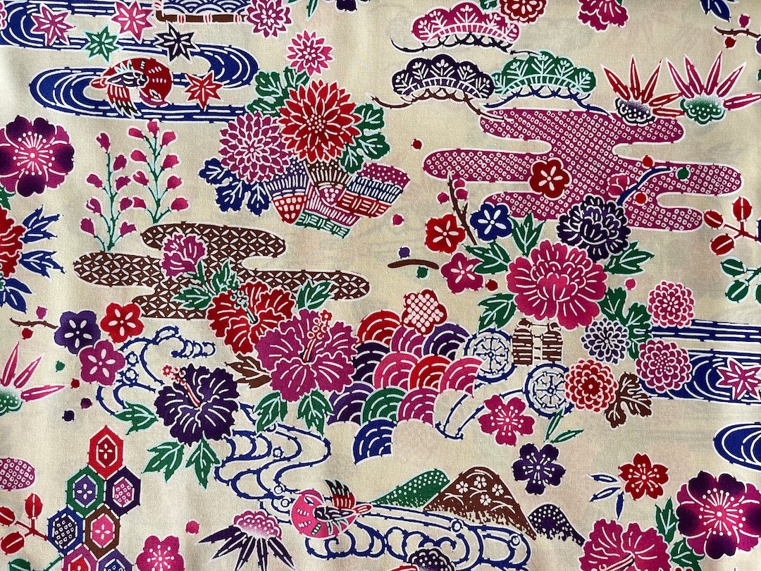 Okinawa Bingata Fabric Hibiscus & Mountain: Ivory/cream - Half Yard ...
