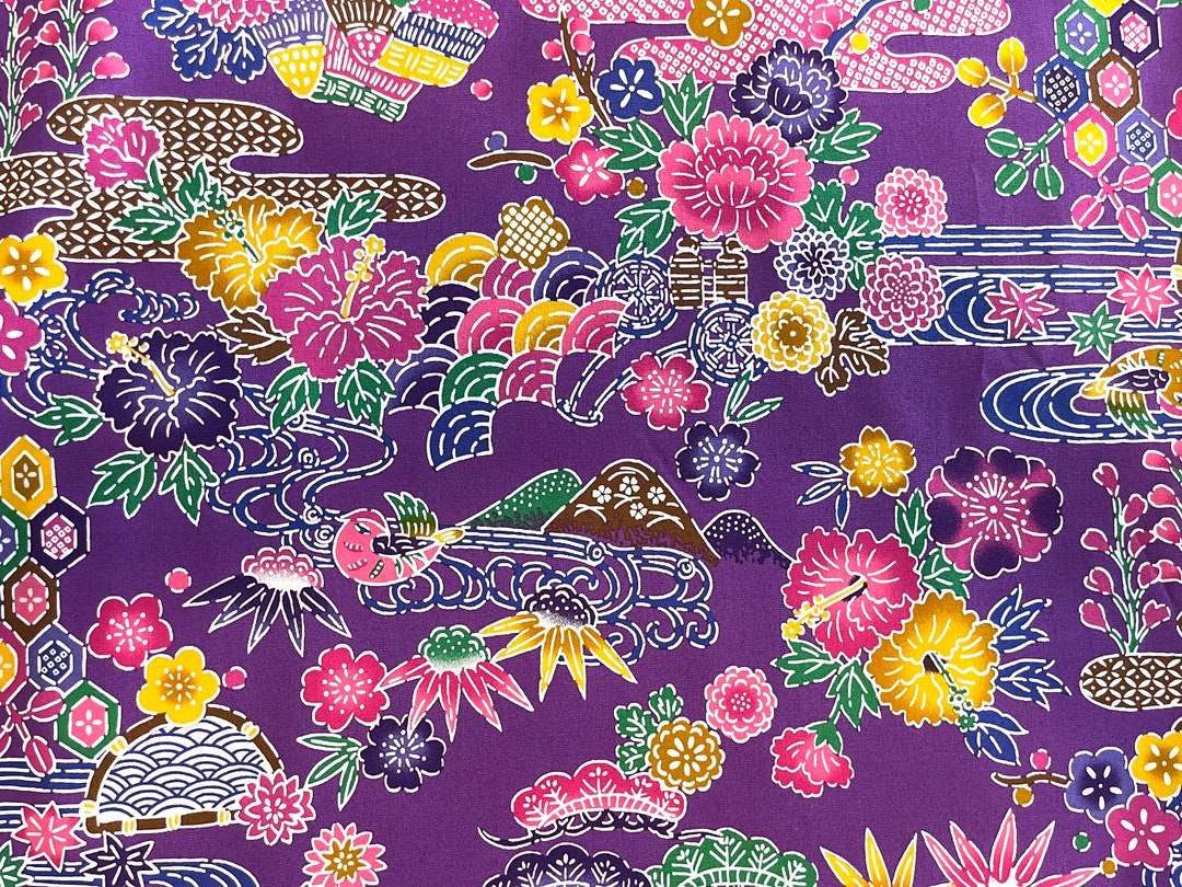 Okinawa Bingata Fabric Hibiscus & Mountain: Purple - Half Yard - Cotton ...