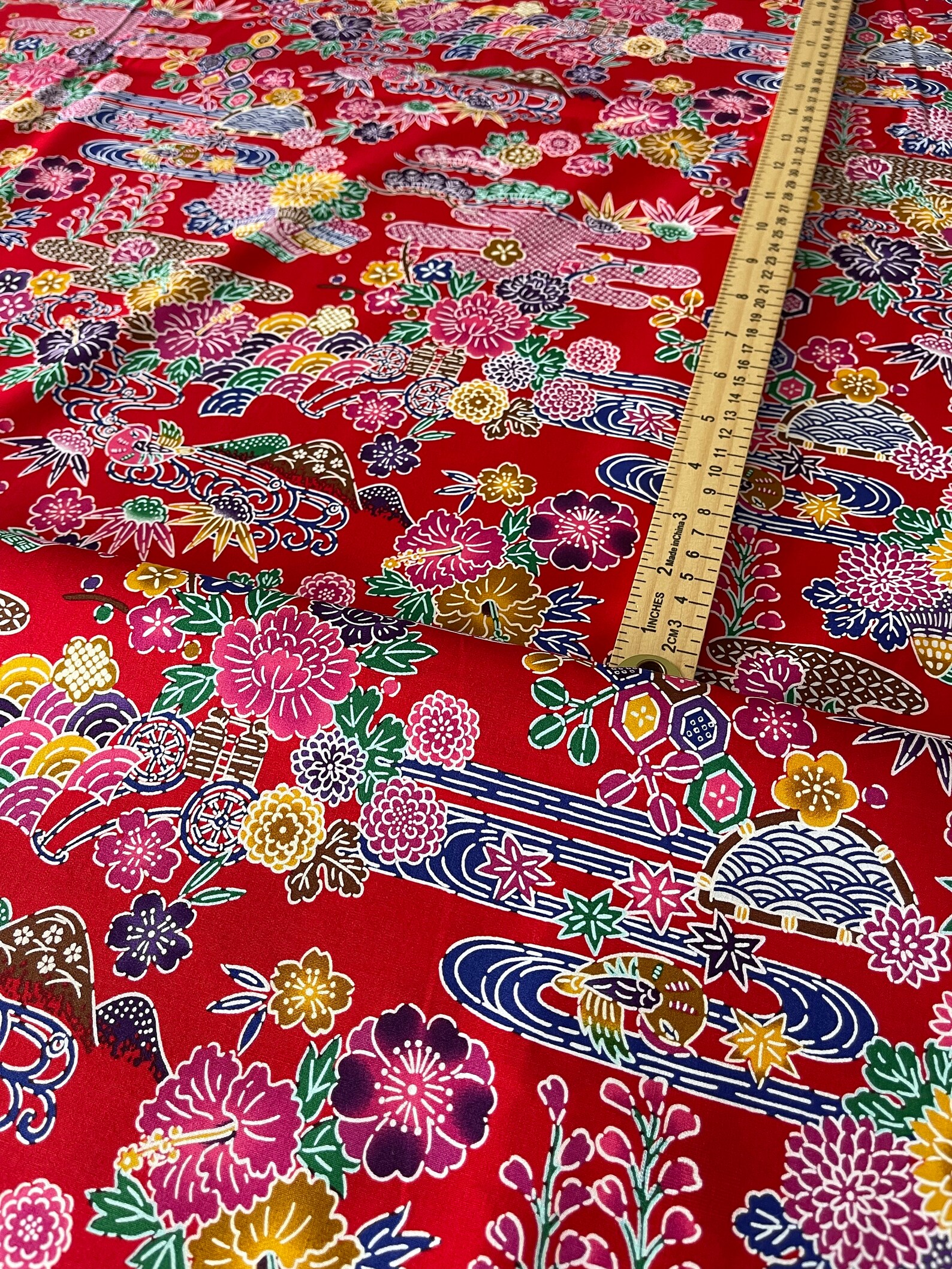 Okinawa Bingata Fabric Hibiscus & Mountain: Red - Half Yard - Cotton ...