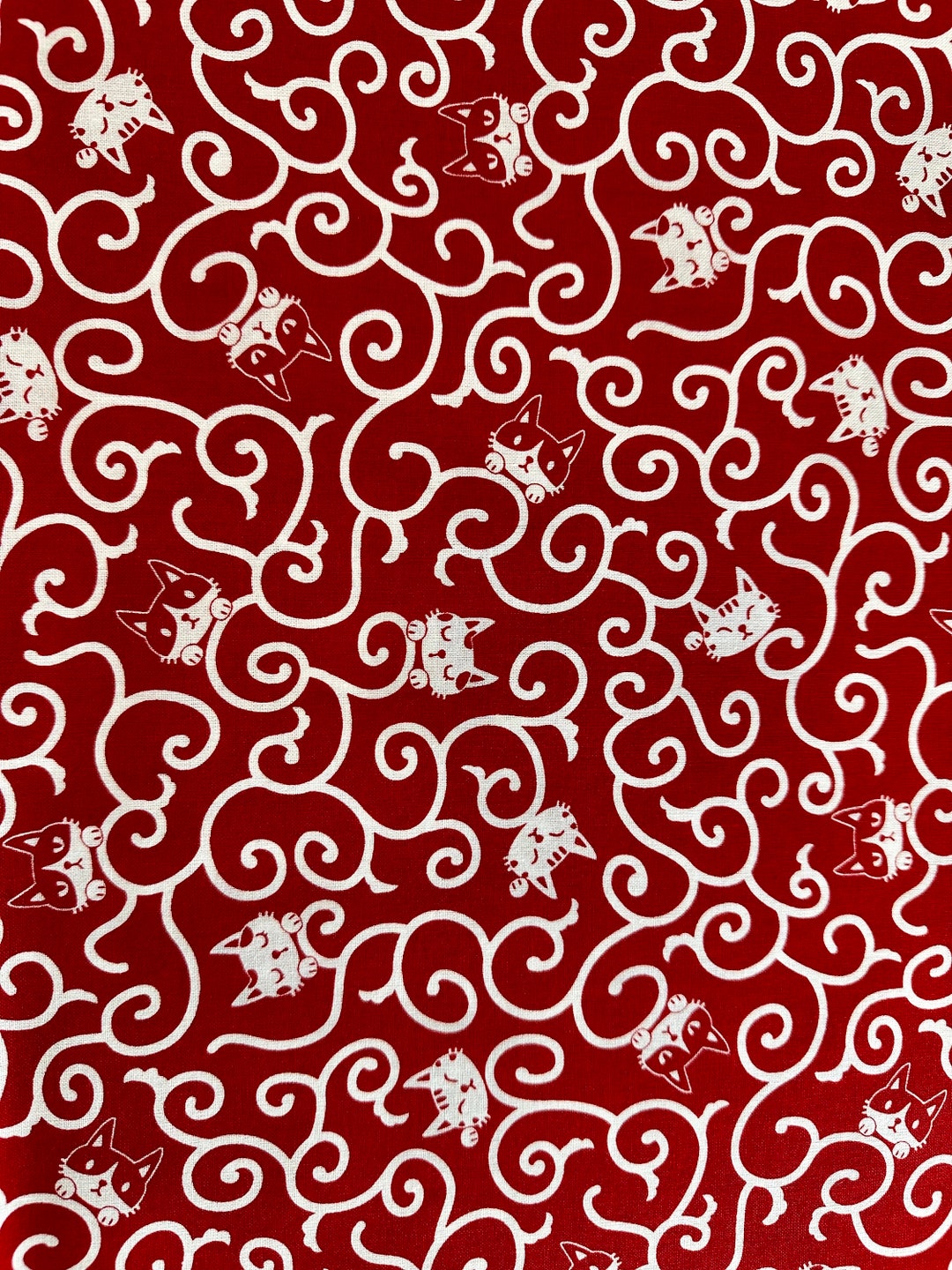 Cute Thief Cats & Foliage - Red - Asian Japanese Fabric - by the 1/2 ...