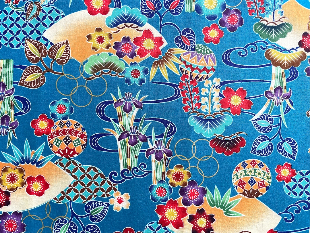 Okinawa Bingata Fabric: Blue/gold - Half Yard - Cotton 100% Made in ...