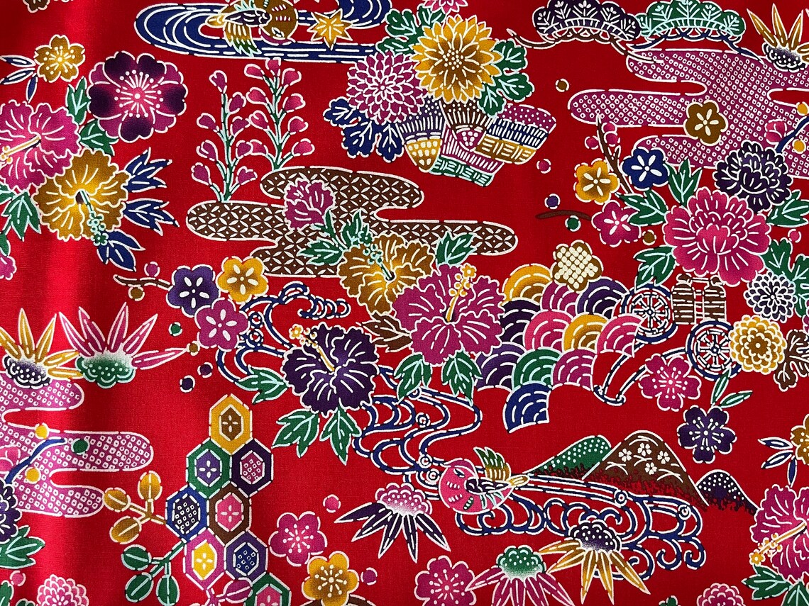 Okinawa Bingata Fabric Hibiscus & Mountain: Red - Half Yard - Cotton ...