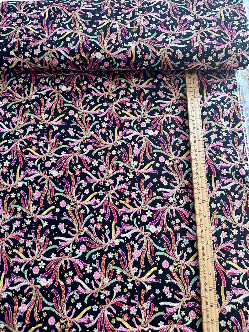 Ribbon “noshi” & Flowers - Black/gold - Japanese Fabric - HALF YARD ...