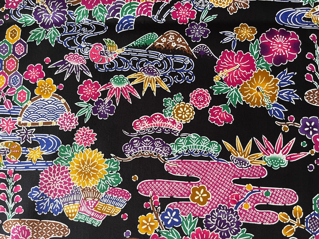 Okinawa Bingata Fabric Hibiscus & Mountain: Black - Half Yard - Cotton ...