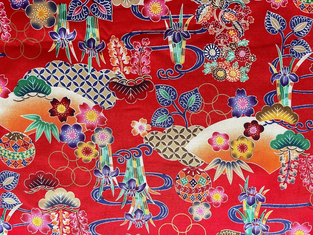 Okinawa Bingata Fabric: Red/gold - Half Yard - Cotton 100% Made in ...