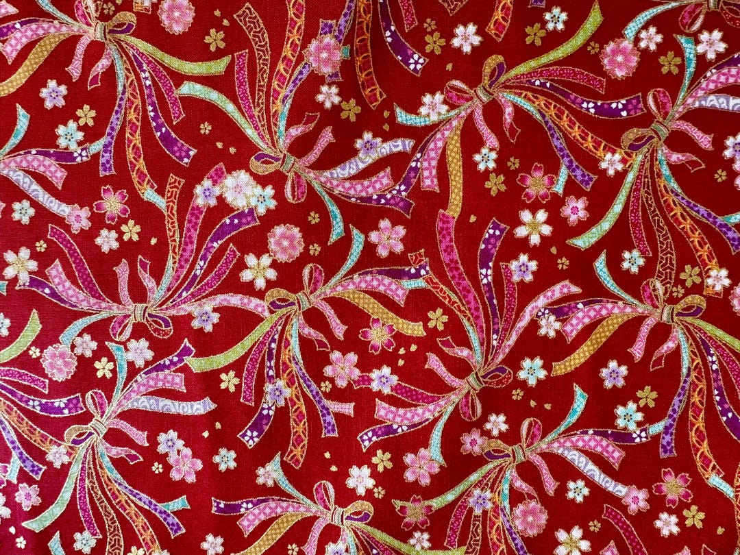 Ribbon “noshi” & Flowers - Red/gold - Japanese Fabric - HALF YARD ...