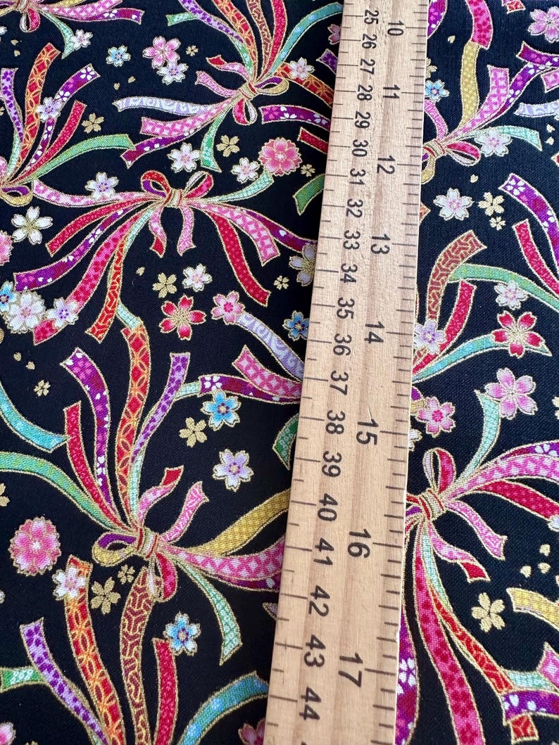 Ribbon “noshi” & Flowers - Black/gold - Japanese Fabric - HALF YARD ...