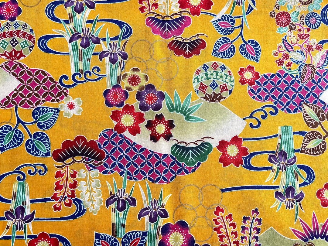 Okinawa Bingata Fabric: Yellow/orange/gold - Half Yard - Cotton 100% ...