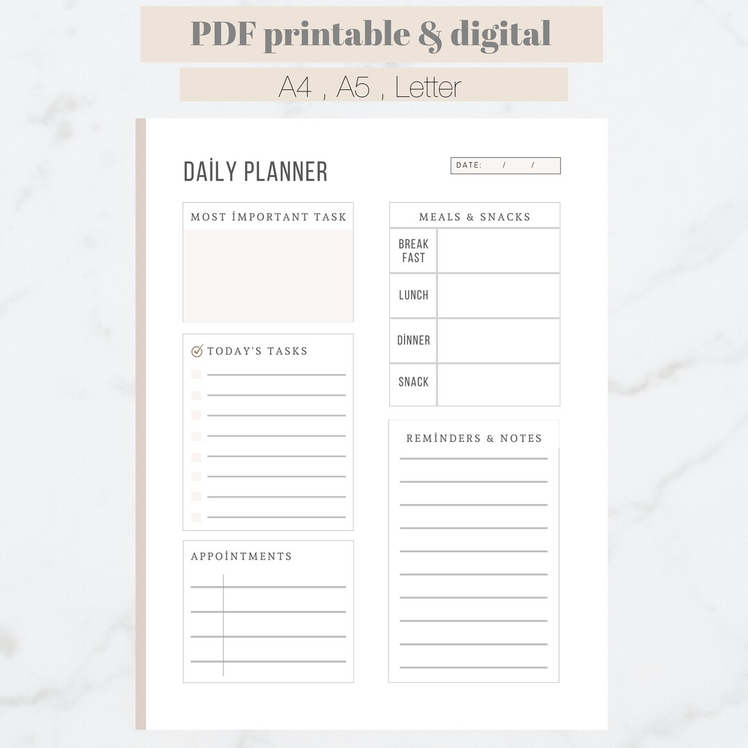 Minimalist Daily Planner Printable, Instant Download, Productivity ...