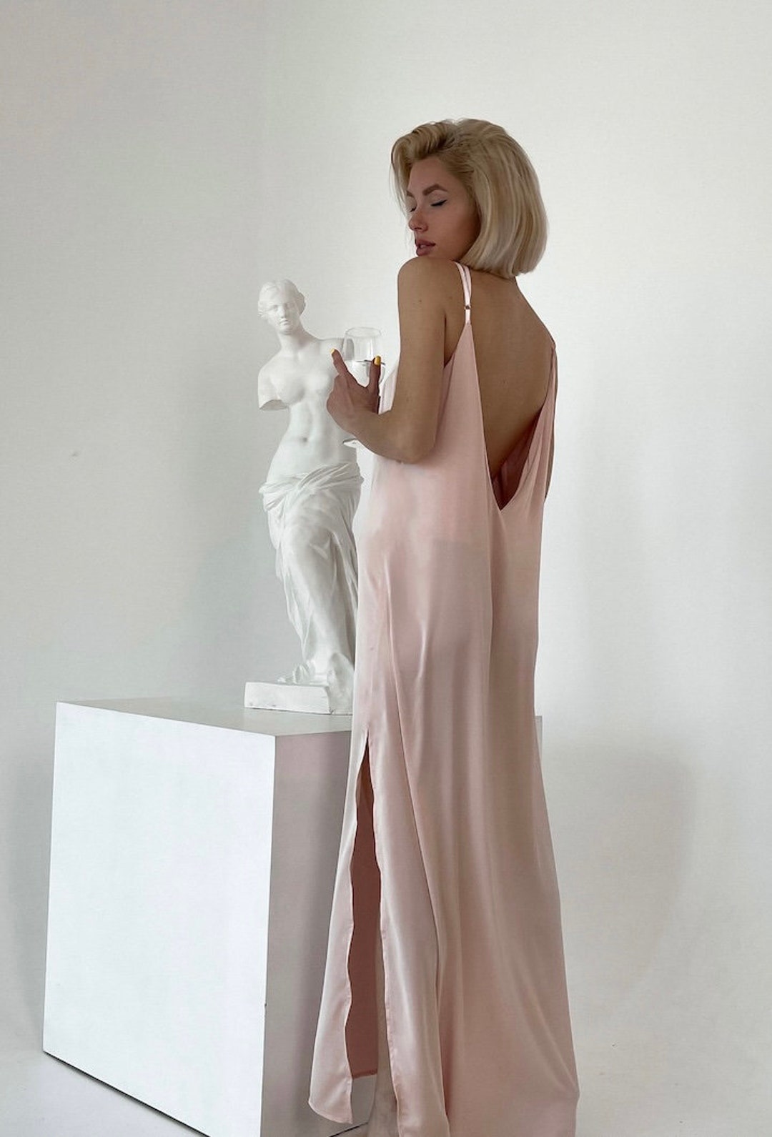 Long Nightgown With Open Back and Slit Long Silky Gown Bridal Gown ...