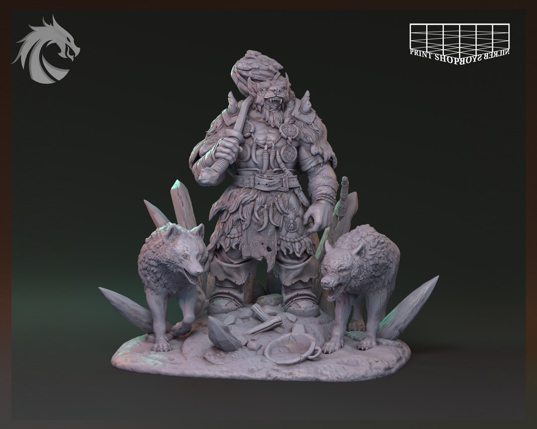 Orc Chieftain With Wolves Miniature | Orc Ranger Wolf Companion Diorama ...