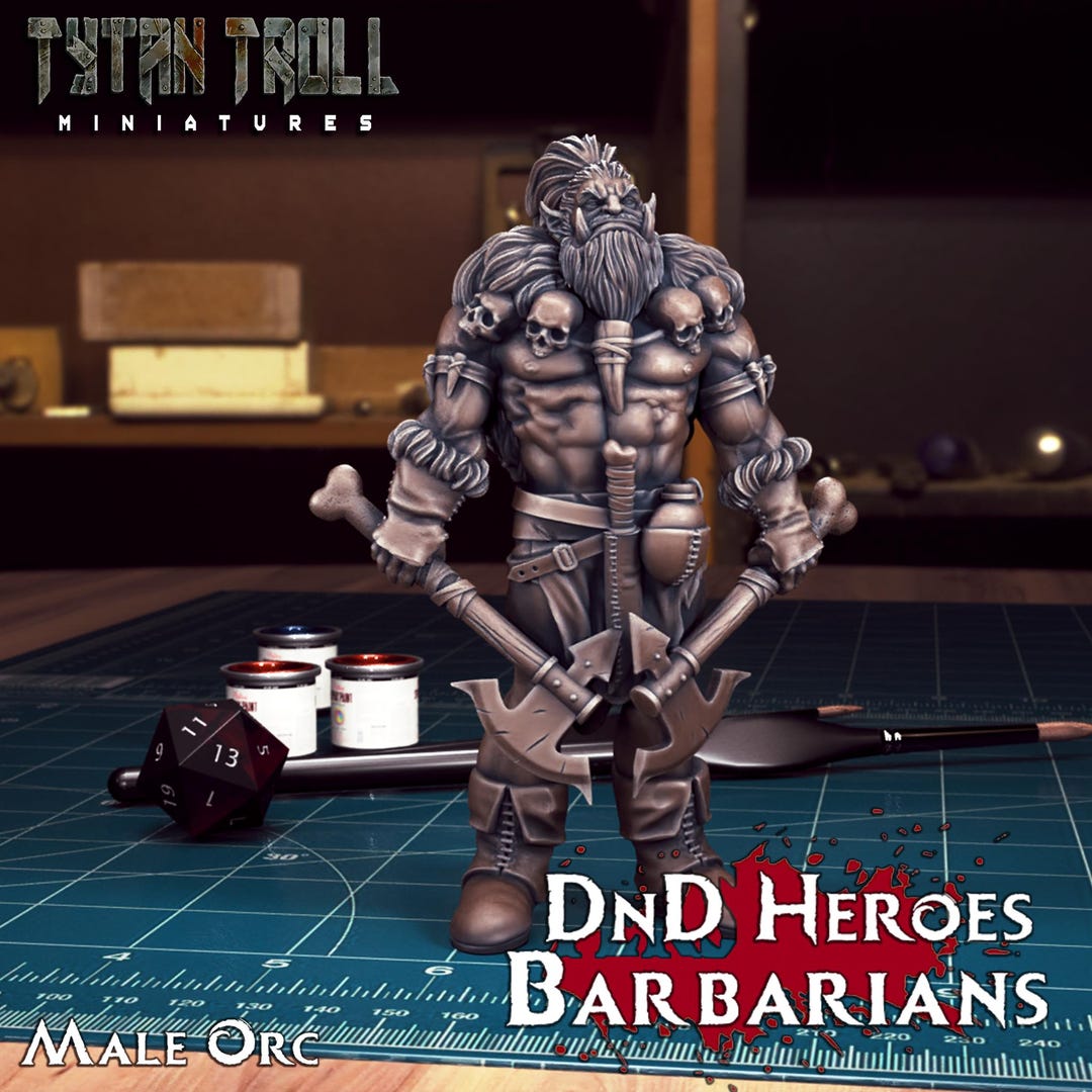 Orc Barbarian With Battle Axes Miniature | Half-orc Berserker Veteran ...