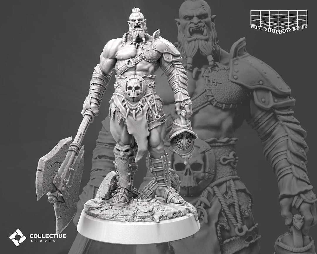 Half Orc Gladiator Miniature | Orc Battle Ax Barbarian Figure | Heroic ...