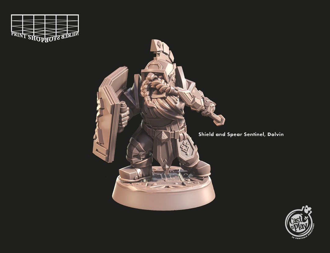 Aggressive Dwarf Soldier Miniature | Golden Dwarf Spear and Shield ...