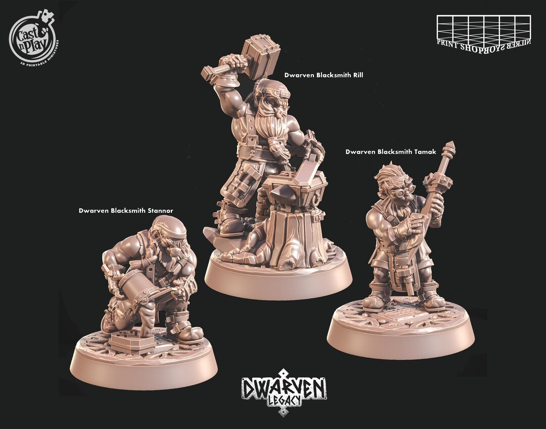 Grey Dwarf Blacksmith Miniature Set Underground Dwarven Forgehammer ...