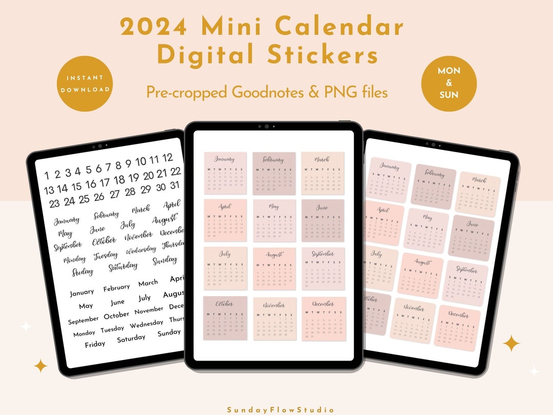 2024 Mini Digital Calendar Stickers, Neutral Calendar Goodnotes ...