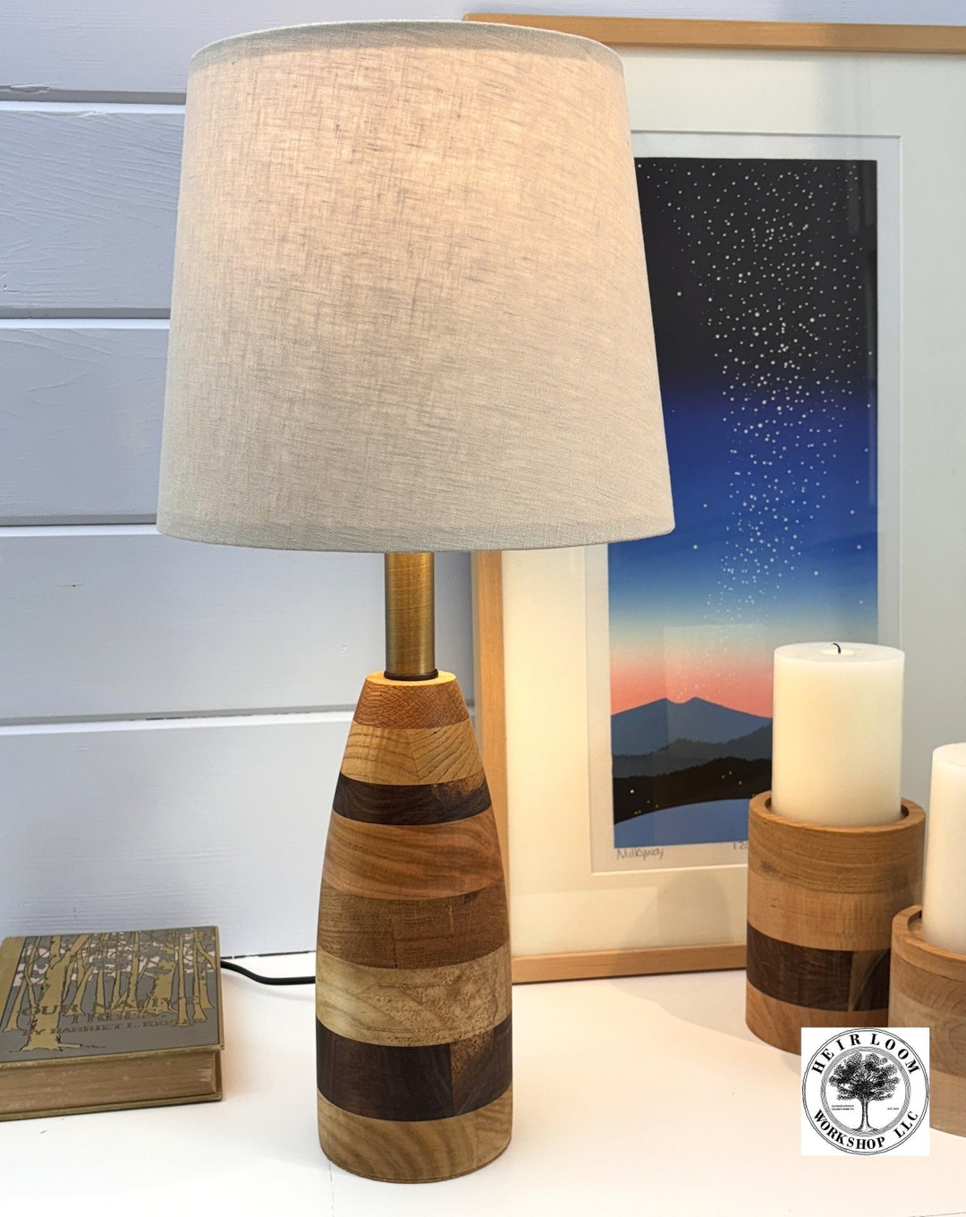 Handmade Mixed Hardwood Desk Lamp: Rustic Modern, Linen Shade, 22" Tall ...