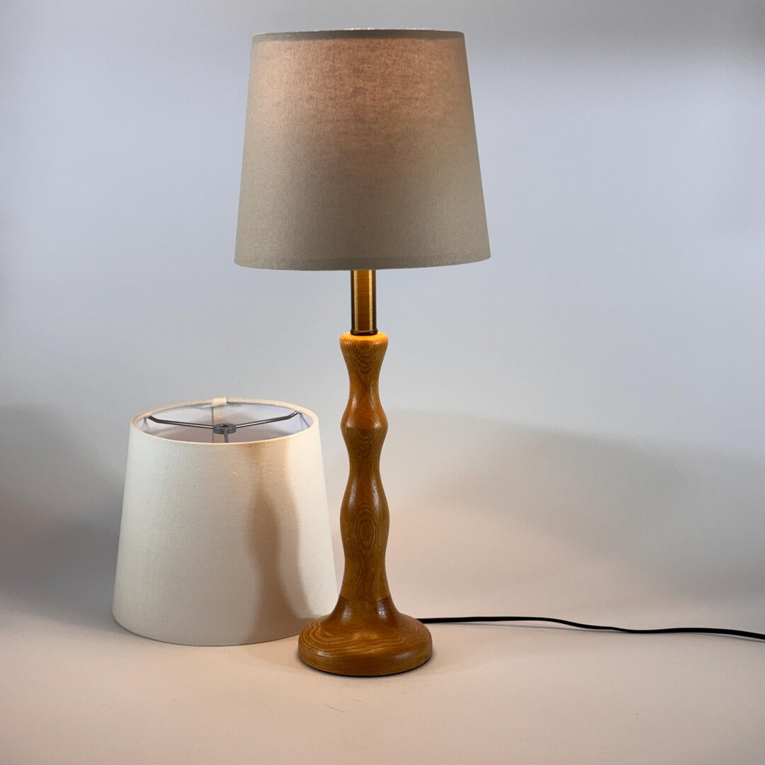 Handmade Oak Table Lamp: Curvy Bell Base, Brass, Taper Shade, 25