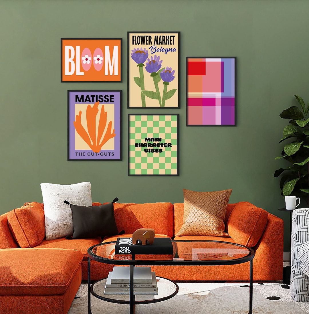 Set Of 5 Groovy Posters Retro Prints Funky Checkered Poster Etsy