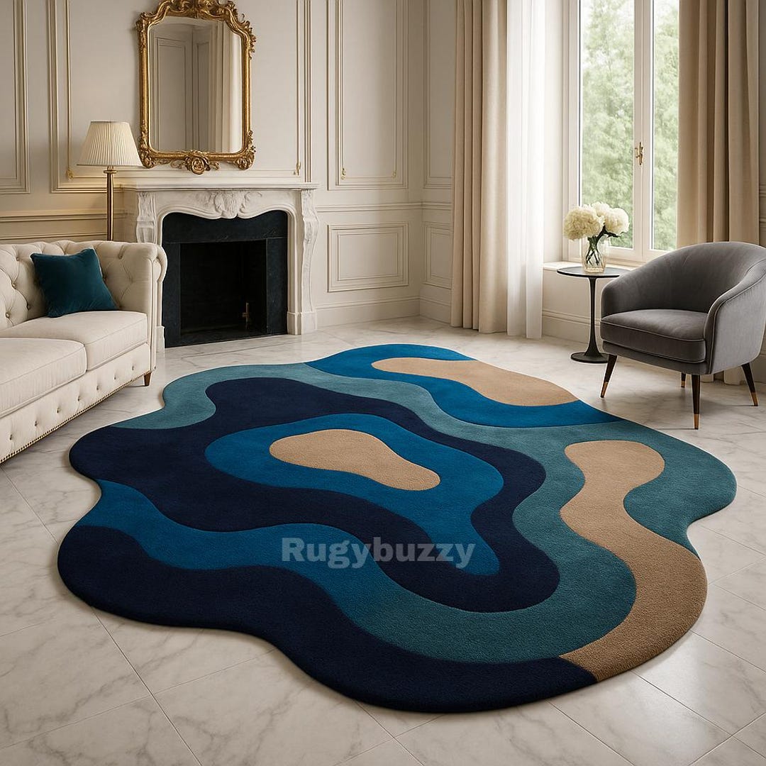 Abstract Wavy Area Rug Modern Curvy Design in Navy Blue Teal & Beige ...