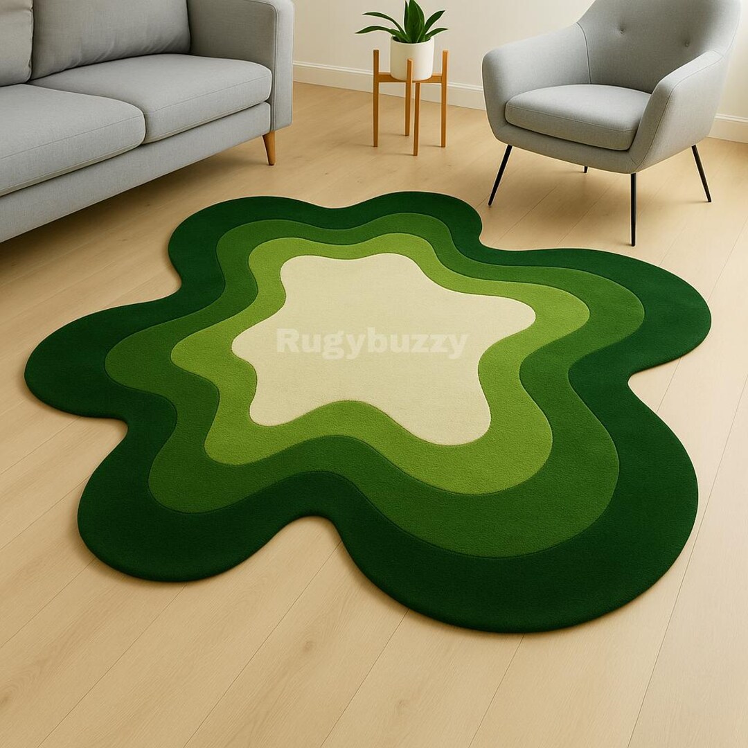 Groovy Green Blob Rug – Wavy Abstract Layered Carpet in Earthy Green ...