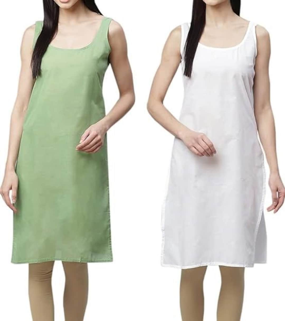 2 Pcs Green and White Color Inner Slip for Women, Cotton Long Full ...