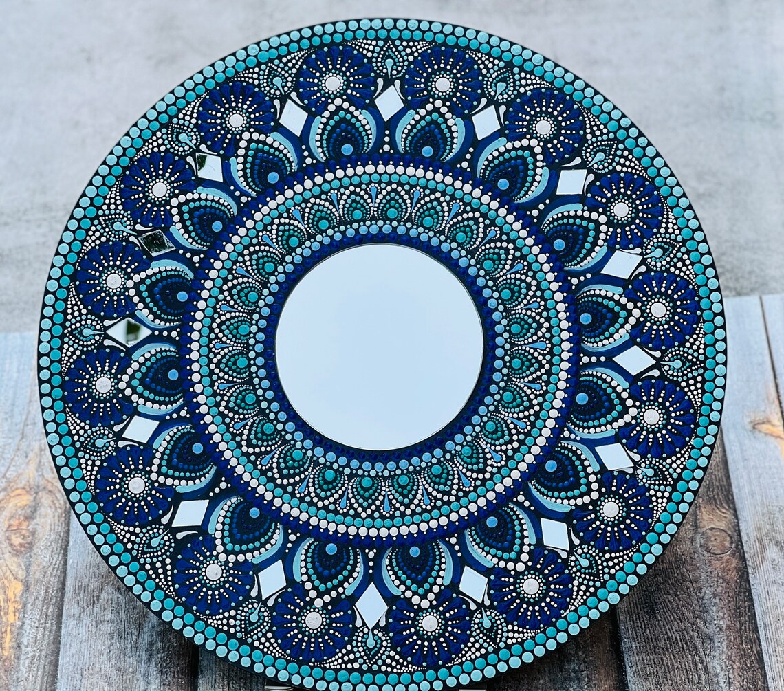 Bohemian Mandala Dot Paint Decor Mirror Blue White 20 - Etsy