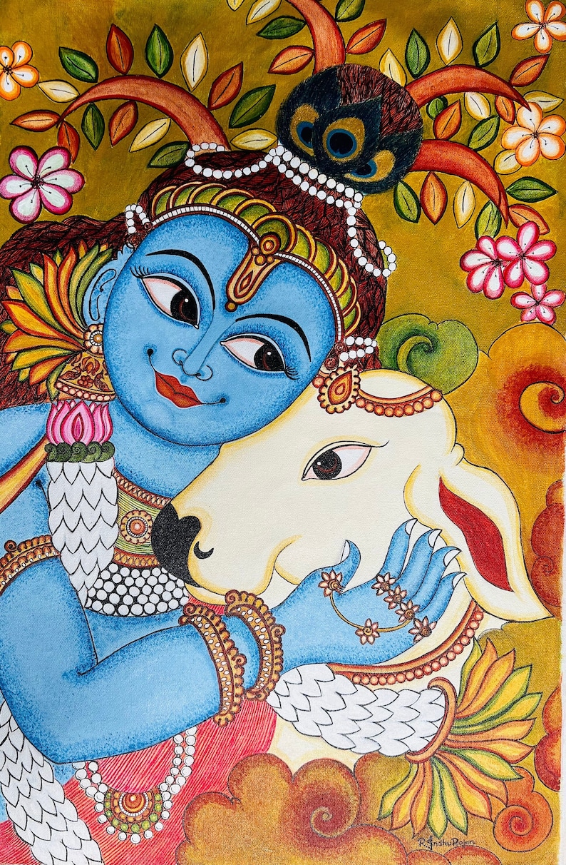 Baby Krishna Cow Art/ Kerala Mural Painting on Canvas/krishna Art ...