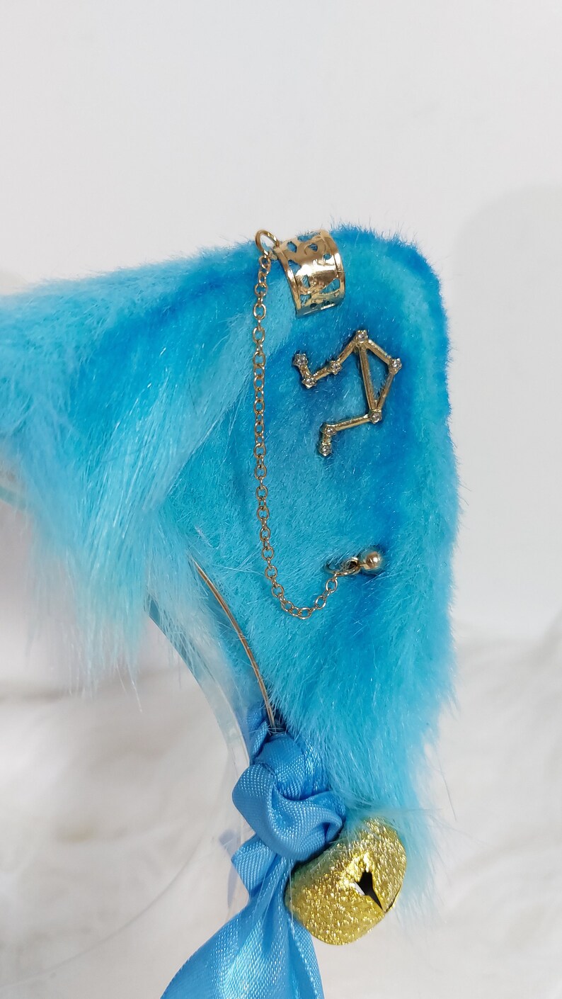 Cute Light Blue Cat Cosplay Ears With Golden Constelation Earrings and ...