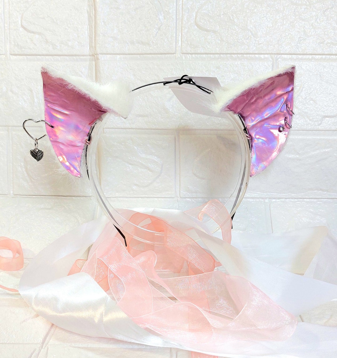 Cute Pastel Pink Cat Cosplay Ears Holographic Wolf Fox Bat Furry ...