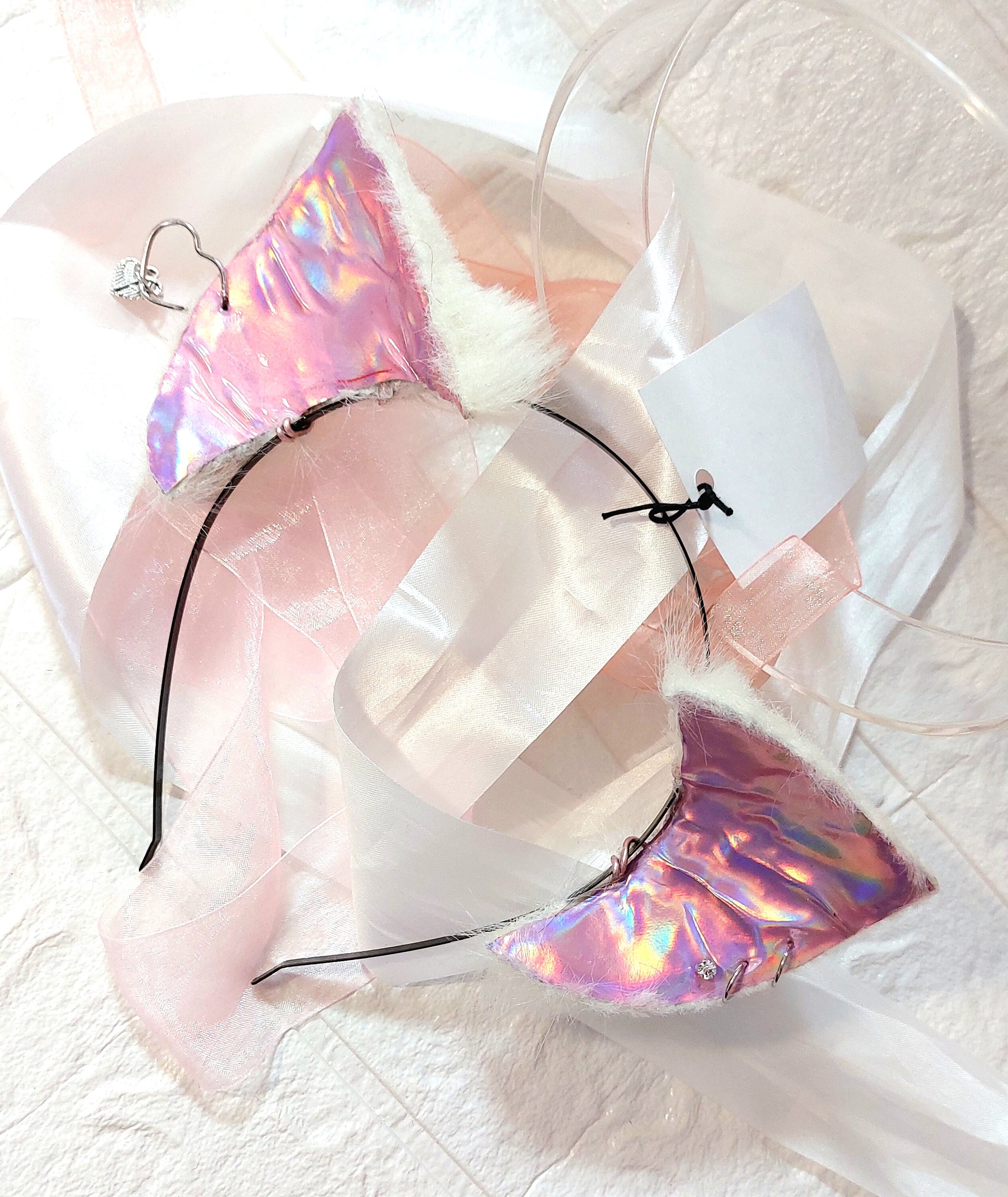 Cute Pastel Pink Cat Cosplay Ears Holographic Wolf Fox Bat Furry ...