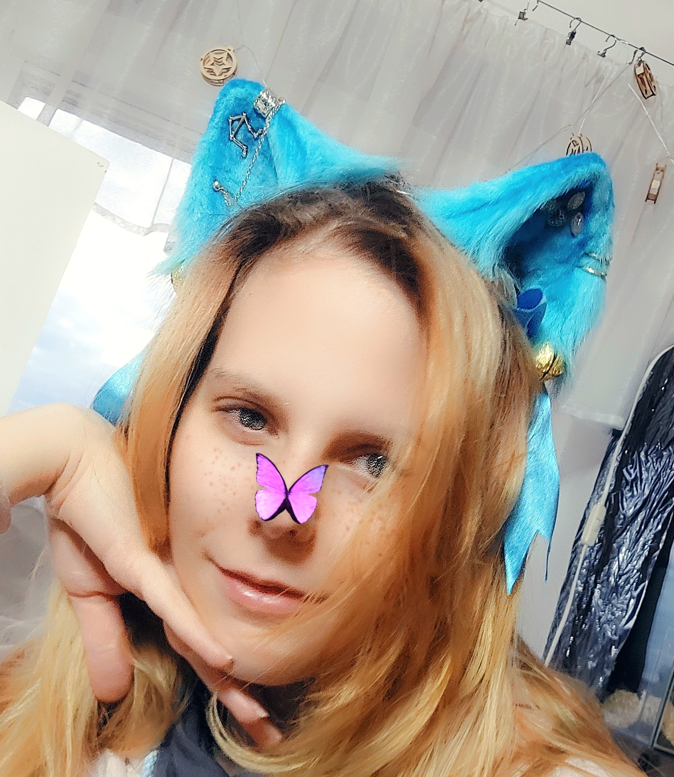 Cute Light Blue Cat Cosplay Ears With Golden Constelation Earrings and ...