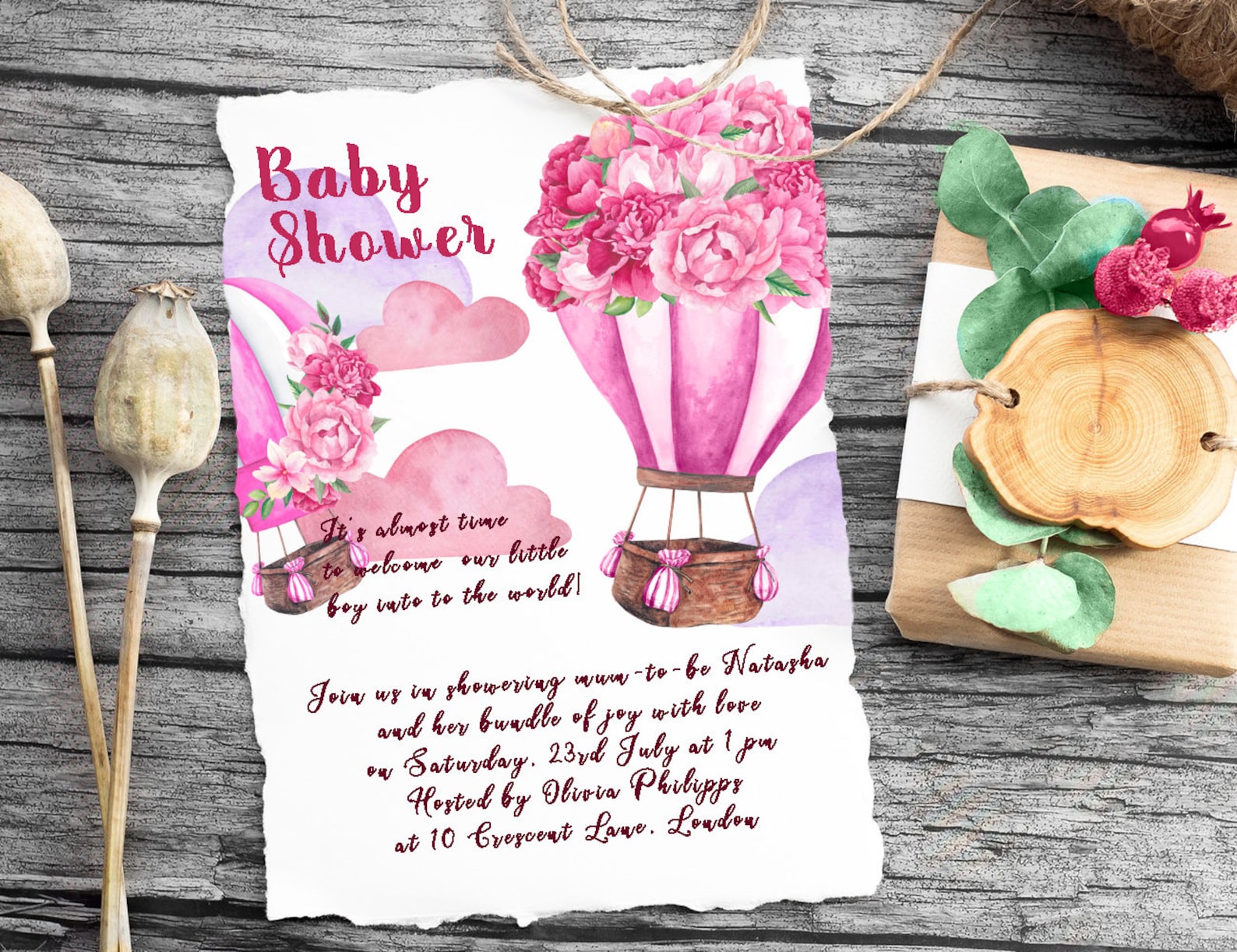 Pink Hot Air Balloon Clipart Set, Watercolor Flowers, Girl Baby Shower ...