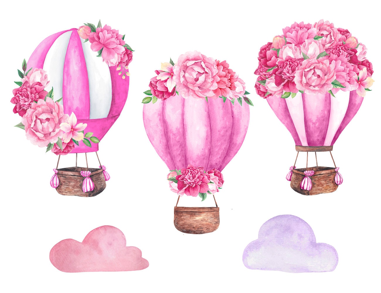 Pink Hot Air Balloon Clipart Set, Watercolor Flowers, Girl Baby Shower ...