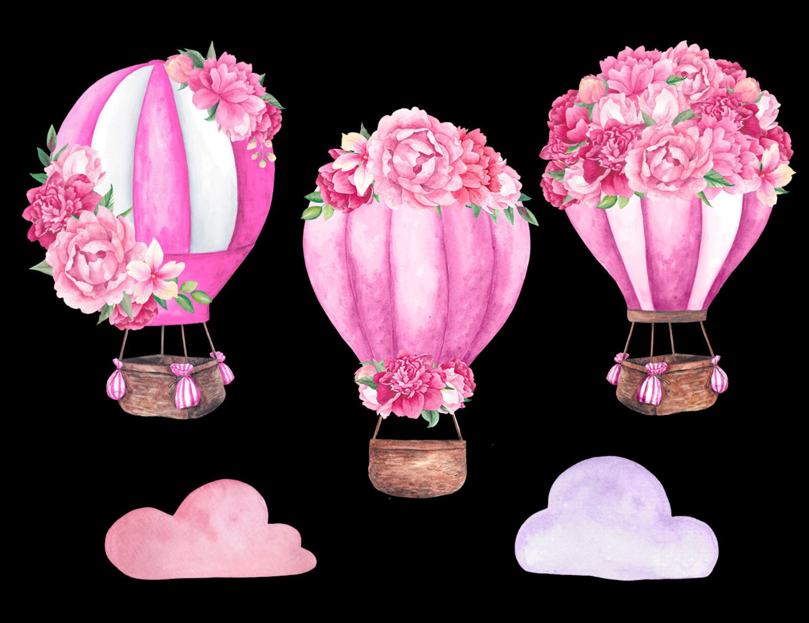 Pink Hot Air Balloon Clipart Set, Watercolor Flowers, Girl Baby Shower ...