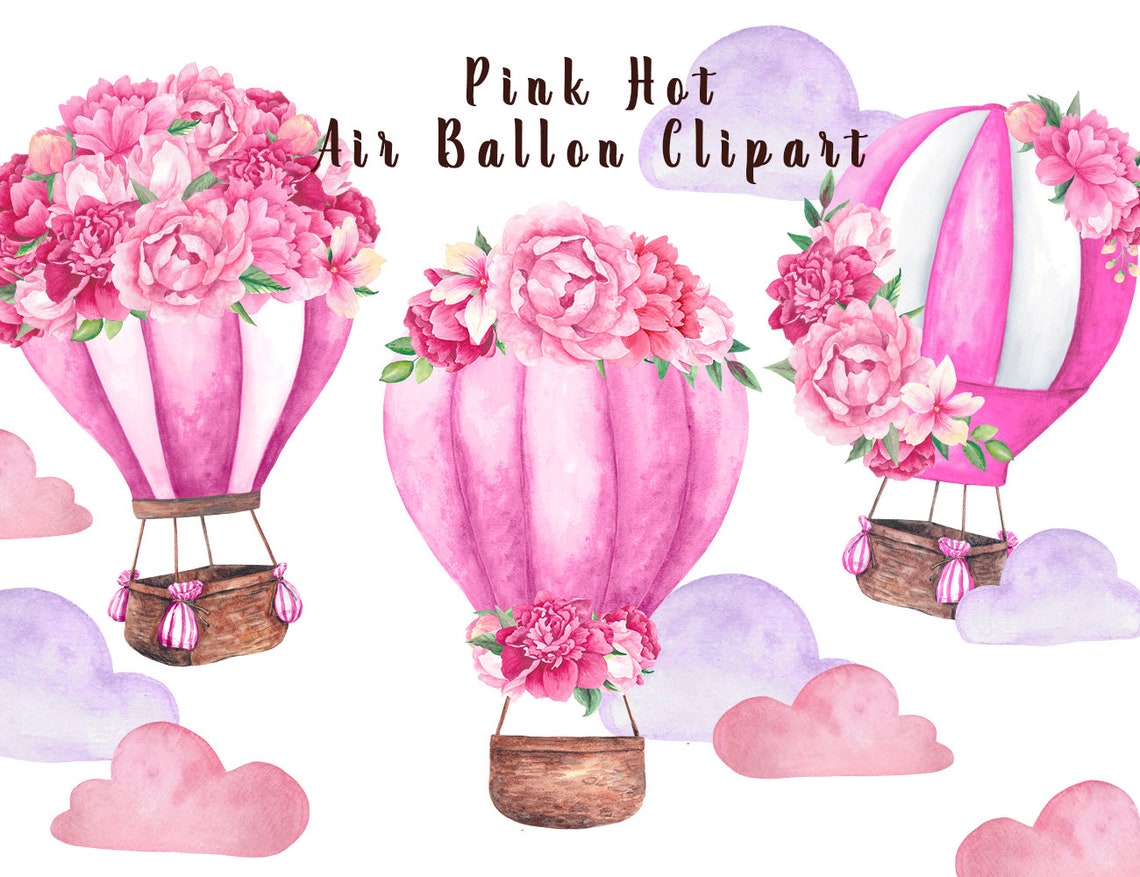 Pink Hot Air Balloon Clipart Set, Watercolor Flowers, Girl Baby Shower ...
