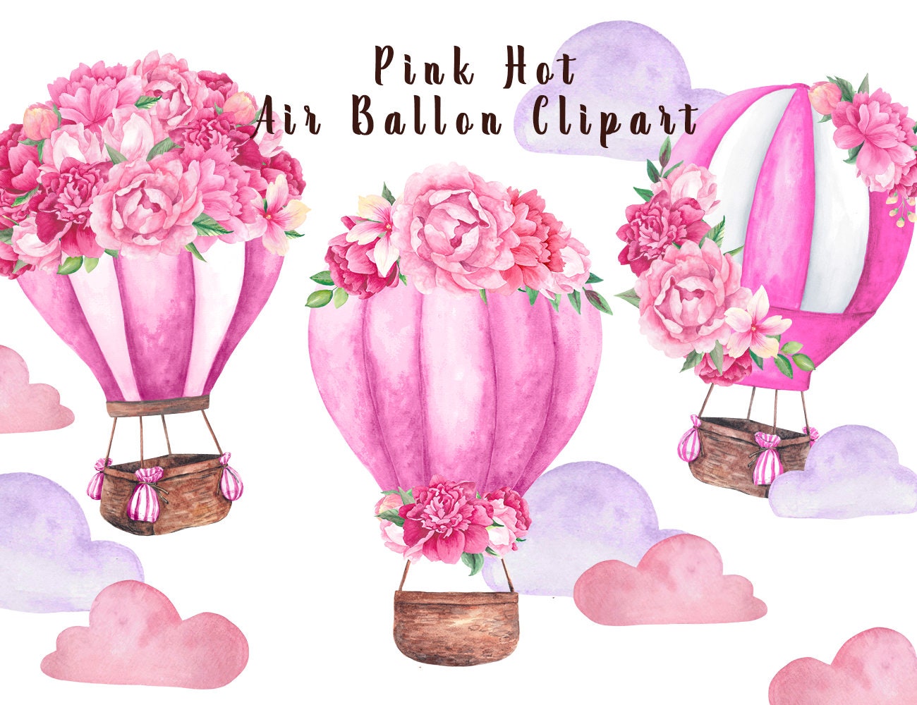 Pink Hot Air Balloon Clipart Set, Watercolor Flowers, Girl Baby Shower ...