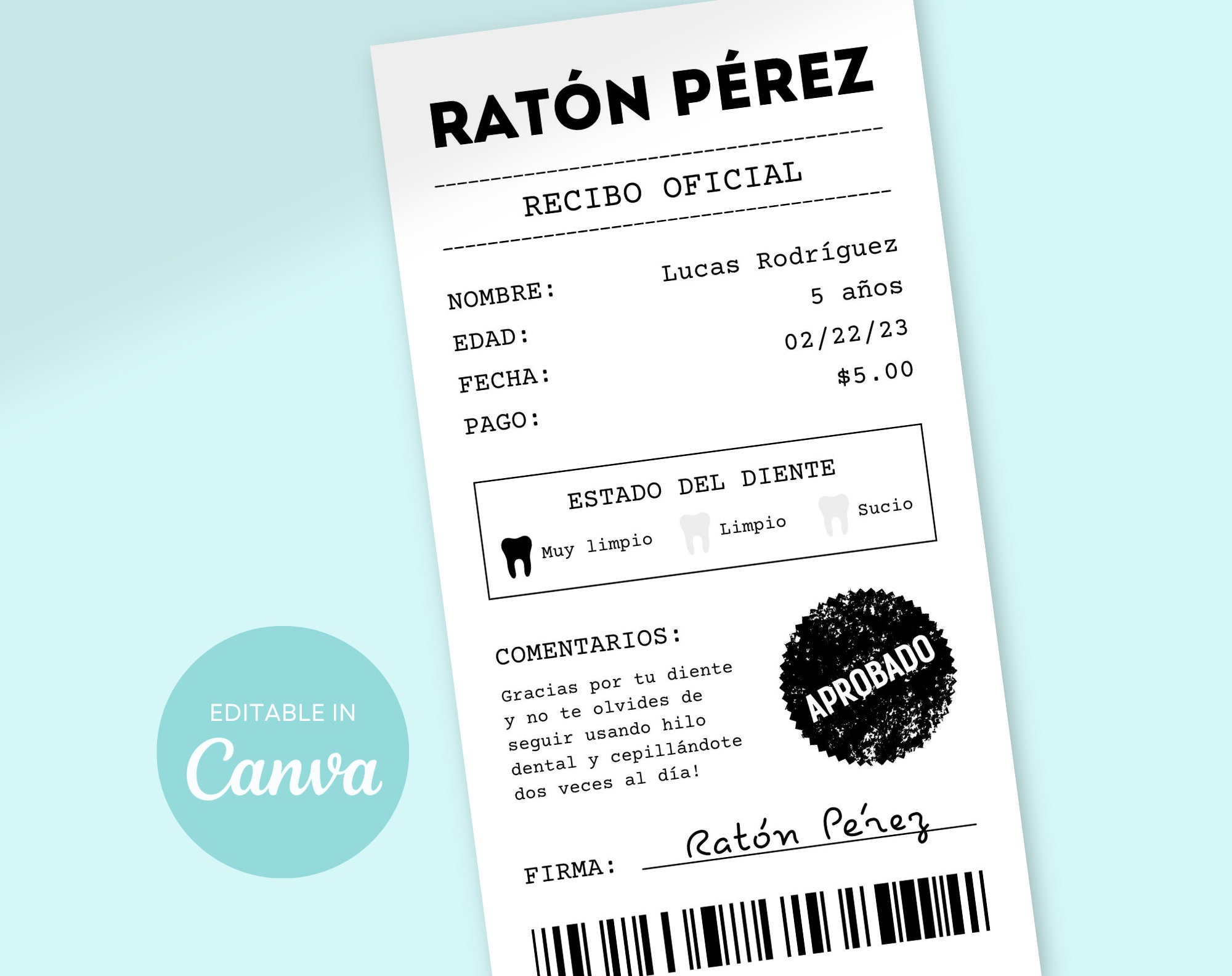 Recibo editable de Ratoncito Pérez Certificado imprimible Informe de ...