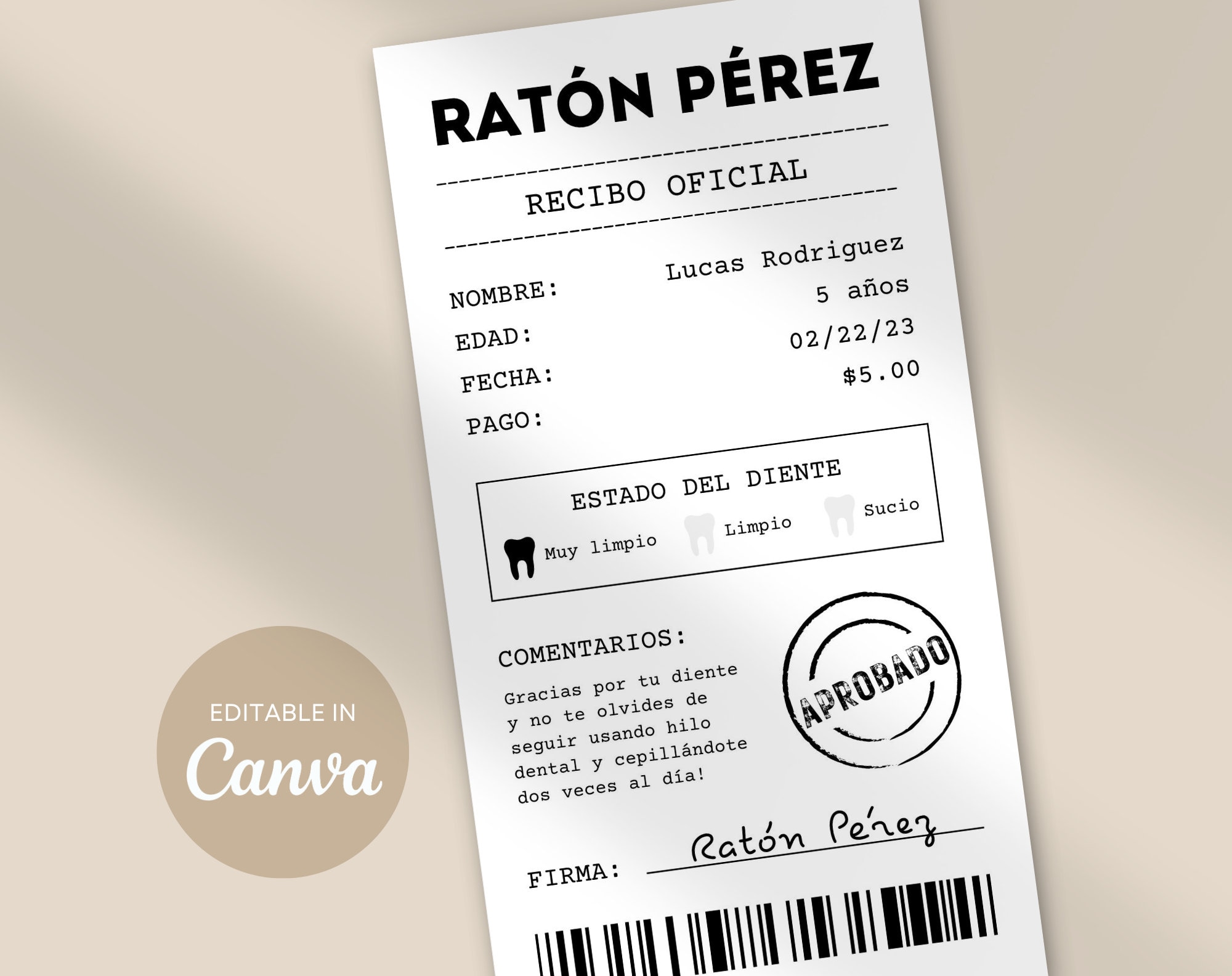 Editable Raton Perez Receipt, Printable Certificate First Tooth Lost ...