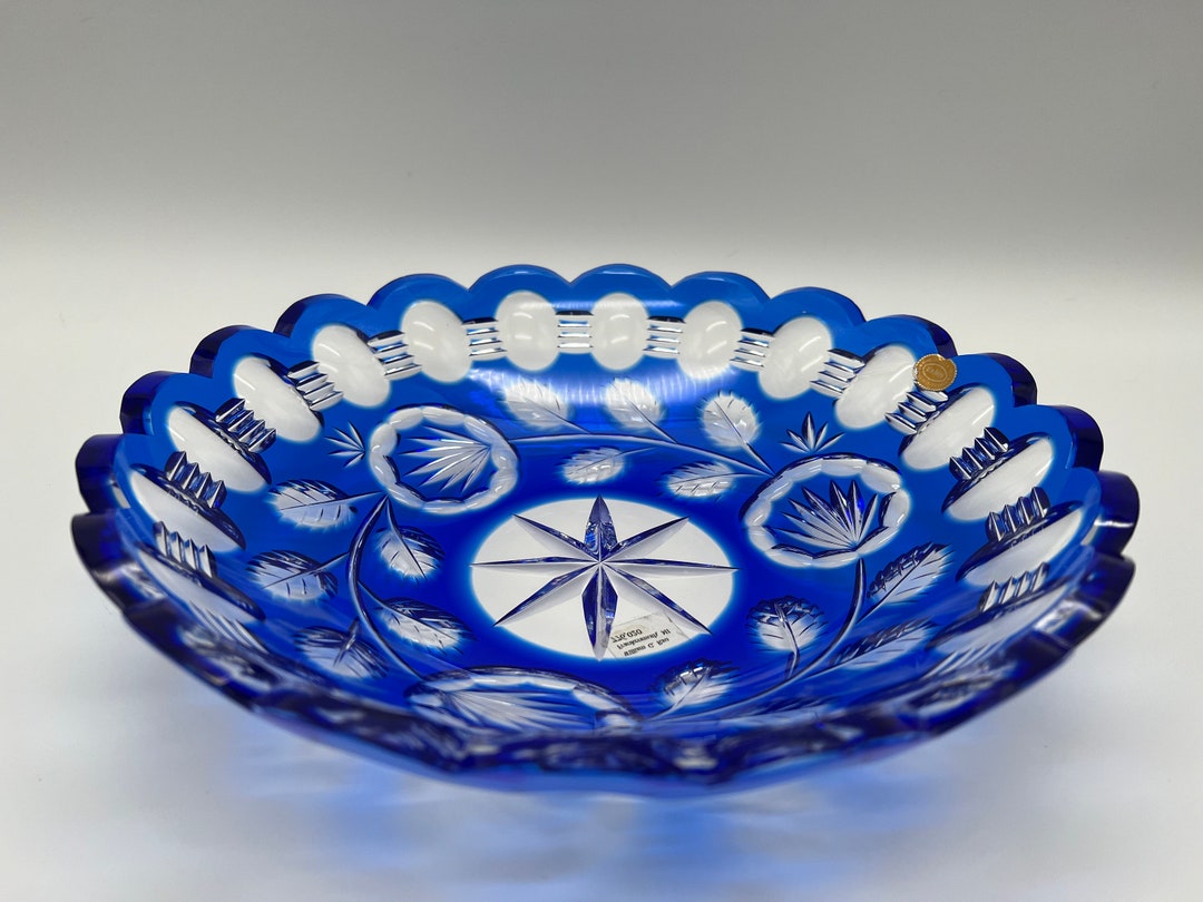 Boho corte a mano plomo cristal cobalto corte profundo plato de vidrio ...